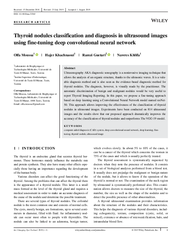 (PDF) Thyroid nodules classification and diagnosis in ultrasound images using fine‐tuning deep ...