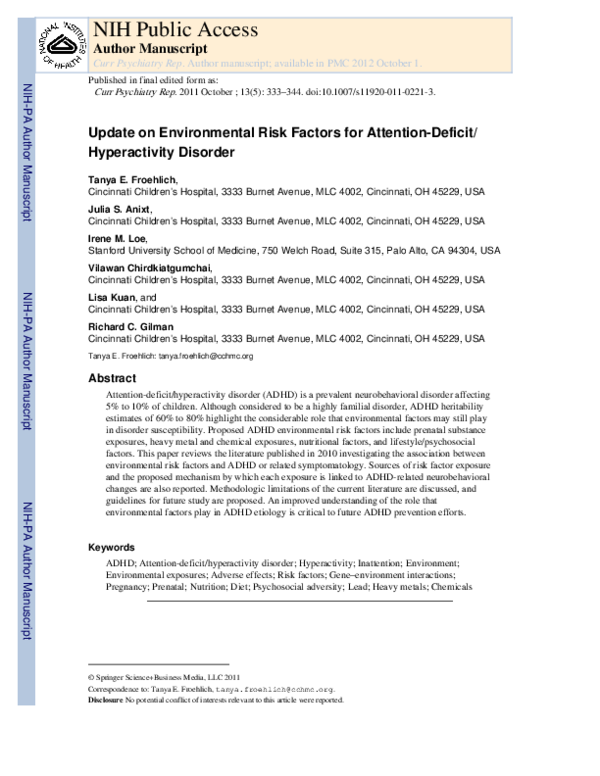 (PDF) Update on Environmental Risk Factors for Attention-Deficit/Hyperactivity Disorder