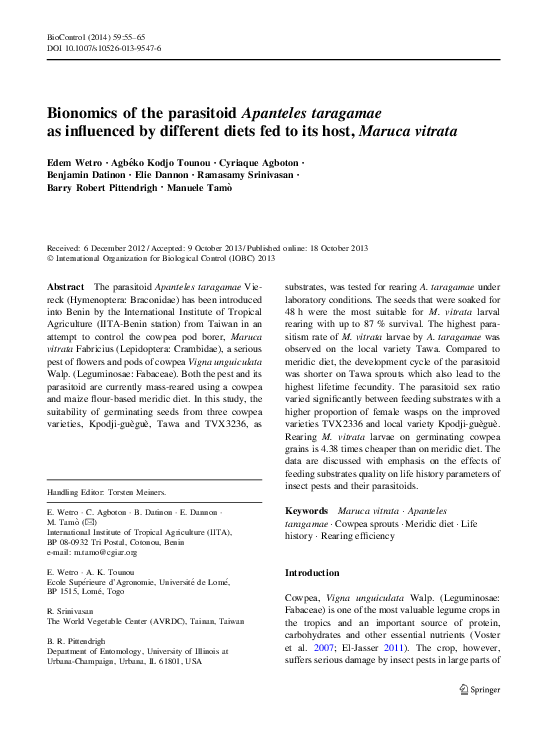 (PDF) Bionomics of the parasitoid Apanteles taragamae as influenced by ...