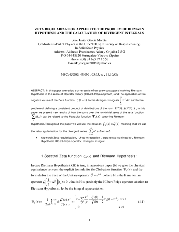 (PDF) Zeta Regularization Applied to the Problem of Riemann Hypothesis ...