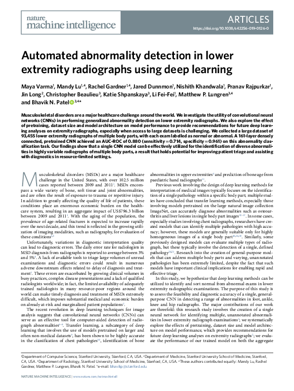 Pdf Automated Abnormality Detection In Lower Extremity Radiographs Using Deep Learning