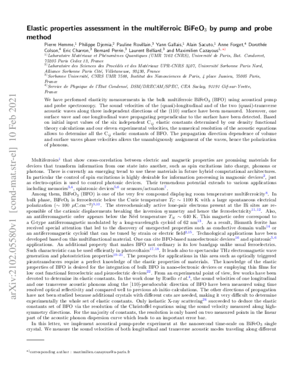 (PDF) Elastic properties assessment in the multiferroic BiFeO3 by pump and probe method