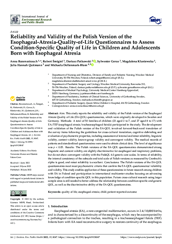 (PDF) Reliability and Validity of the Polish Version of the Esophageal-Atresia-Quality-of-Life ...
