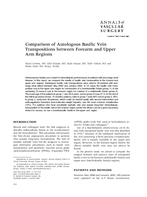 (PDF) Comparison of Autologous Basilic Vein Transpositions between ...