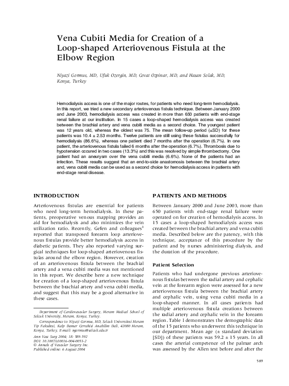 (PDF) Vena Cubiti Media for Creation of a Loop-shaped Arteriovenous ...