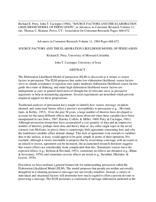 (PDF) Source factors and the elaboration likelihood model of persuasion