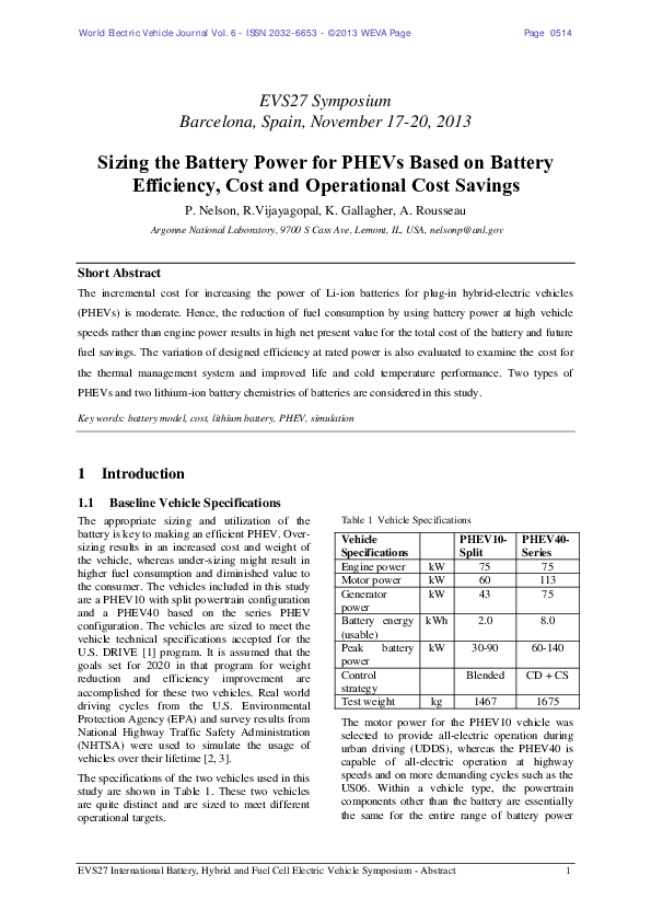 (PDF) Sizing the battery power for PHEVs based on battery efficiency ...