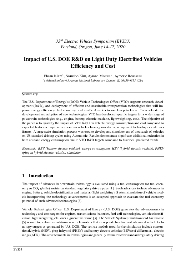 (PDF) Impact of U.S. DOE R&D on Light Duty Electrified Vehicles ...