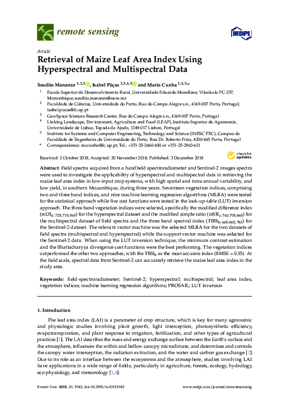 Pdf Retrieval Of Maize Leaf Area Index Using Hyperspectral And Multispectral Data