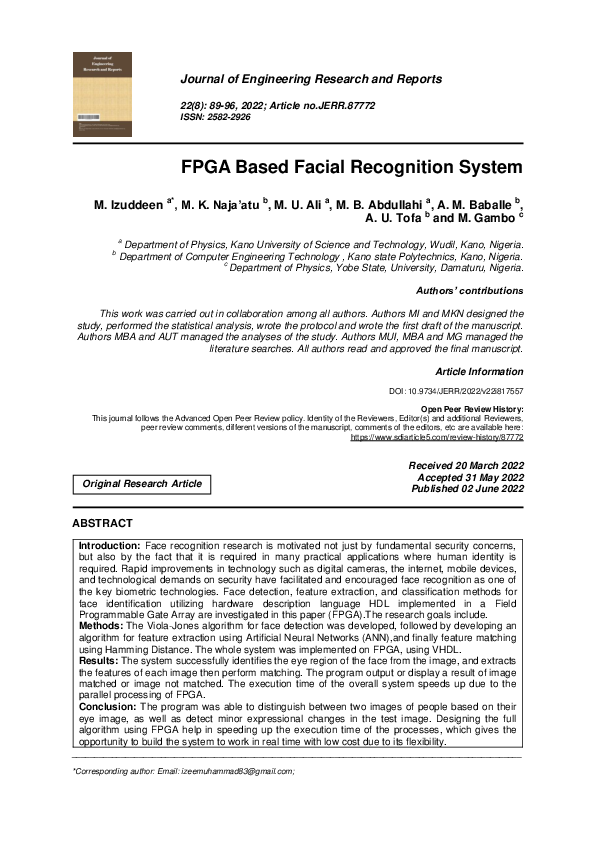 Pdf Fpga Based Facial Recognition System
