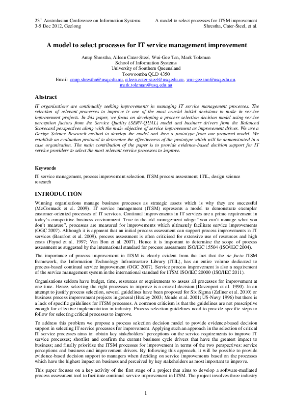 (PDF) A model to select processes for IT service management improvement