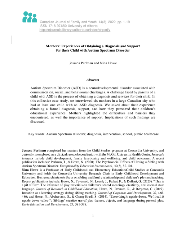 (PDF) Mothers' Experiences of Obtaining a Diagnosis and Support for ...