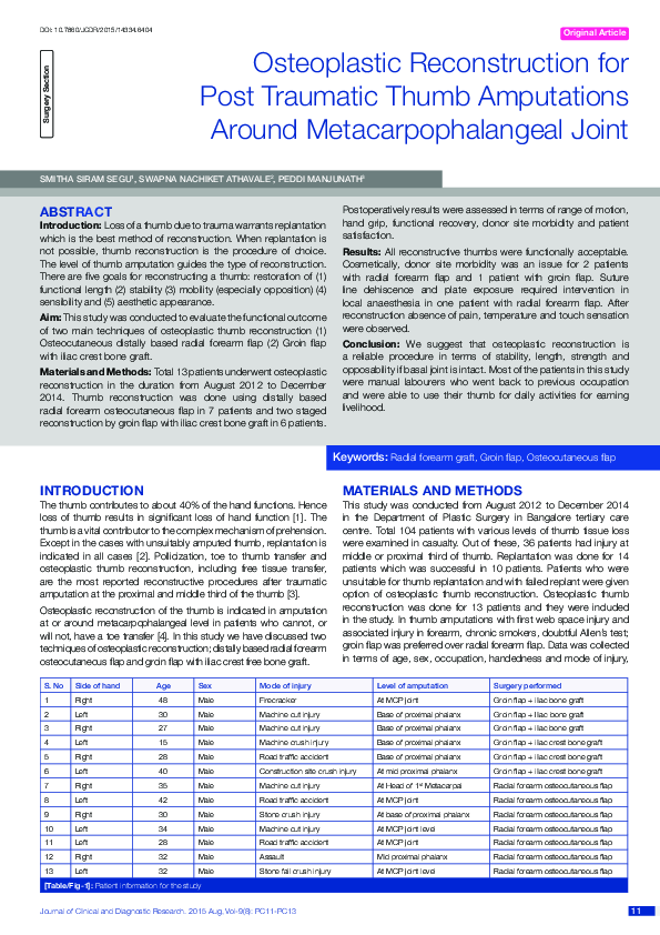 (PDF) Osteoplastic Reconstruction for Post Traumatic Thumb Amputations ...