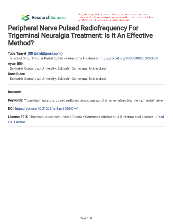 (PDF) Peripheral Nerve Pulsed Radiofrequency For Trigeminal Neuralgia ...