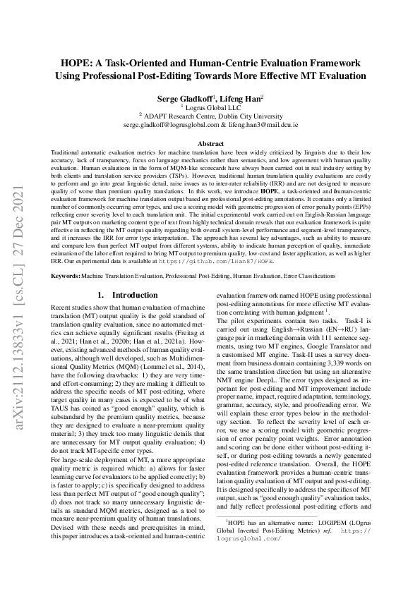 Pdf Hope A Task Oriented And Human Centric Evaluation Framework Using Professional Post