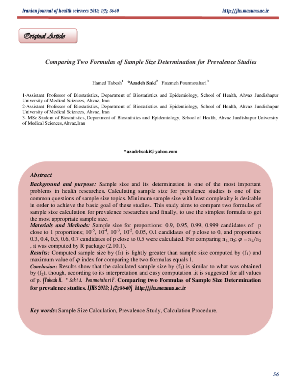 (PDF) Comparing two Formulas of Sample Size Determination for ...