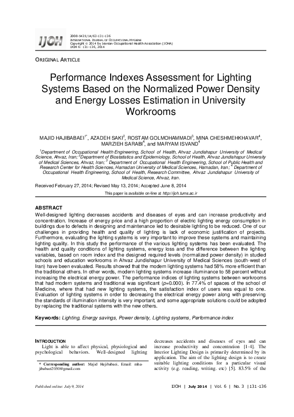 Pdf Performance Indexes Assessment For Lighting Systems Based On The