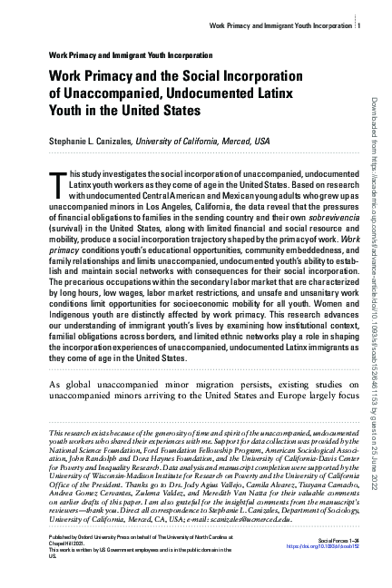 (PDF) Work Primacy and the Social Incorporation of Unaccompanied ...