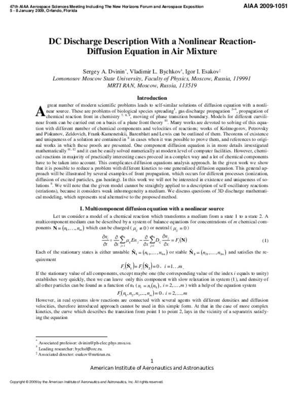 (PDF) DC Discharge Description with Nonlinear Reaction-Diffusion Equation in Air Mixture