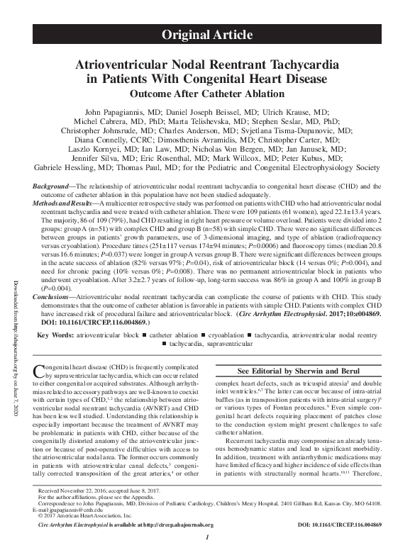 (PDF) Atrioventricular Nodal Reentrant Tachycardia in Patients With Congenital Heart Disease ...