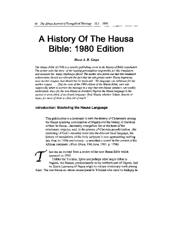 (PDF) A History Of The Hausa Bible: 1980 Edition