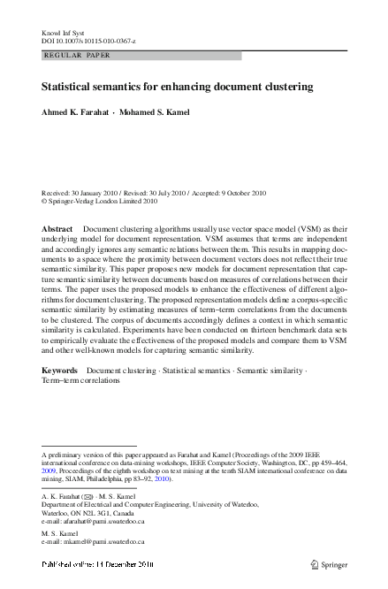 (PDF) Statistical semantics for enhancing document clustering