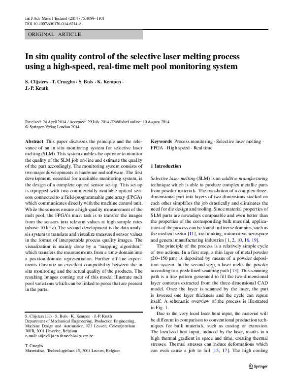 Pdf In Situ Quality Control Of The Selective Laser Melting Process Using A High Speed Real