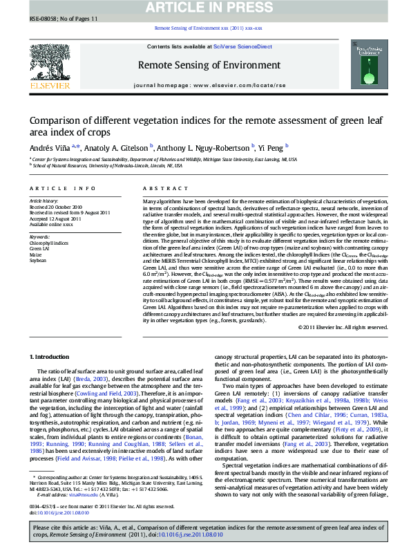 (PDF) Comparison of different vegetation indices for the remote assessment of green leaf area ...