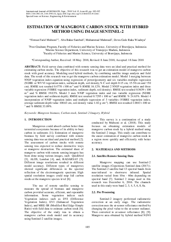 Pdf Estimation Of Mangrove Carbon Stock With Hybrid Method Using Image Sentinel 2