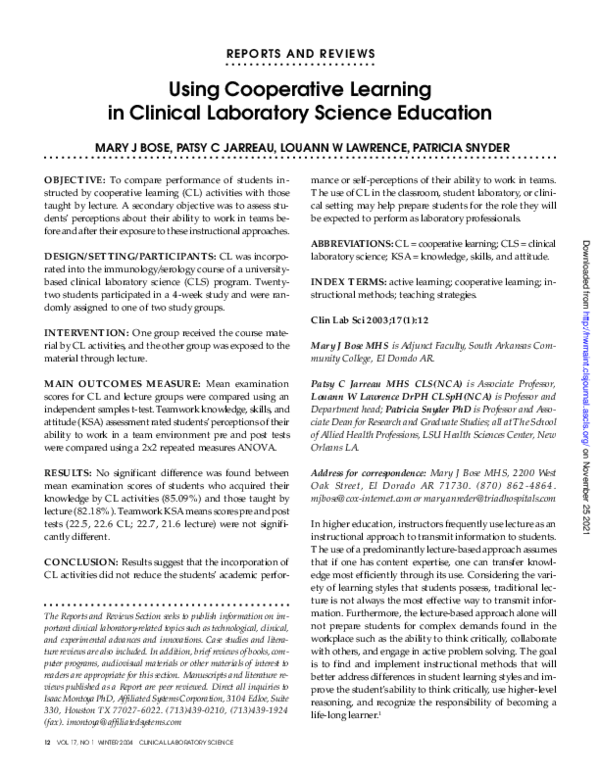 (PDF) Using Cooperative Learning in Clinical Laboratory Science Education