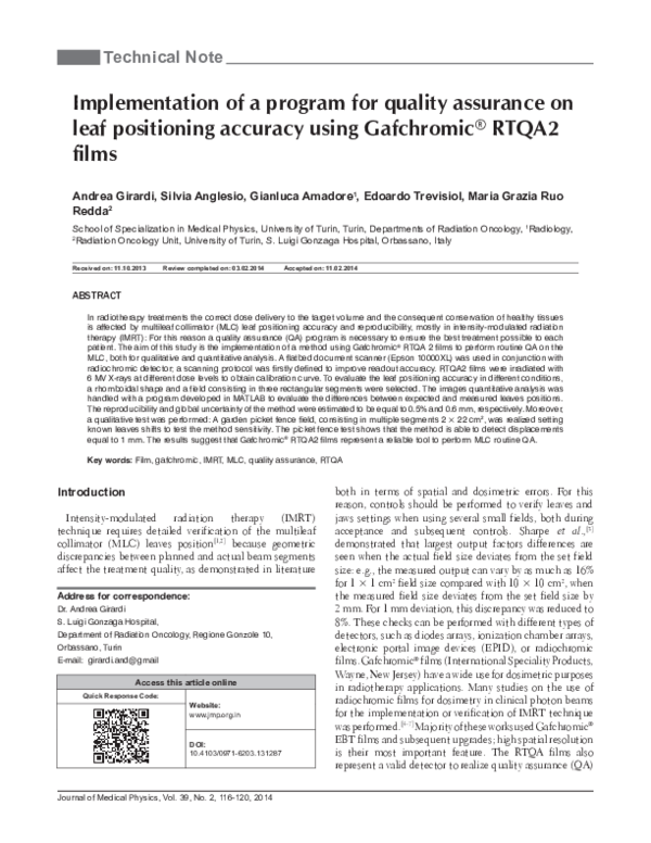 (PDF) Implementation of a program for quality assurance on leaf ...