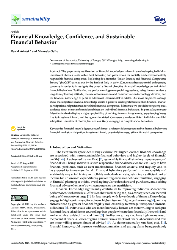 (PDF) Financial Knowledge, Confidence, and Sustainable Financial Behavior