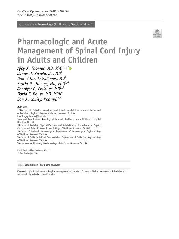 (PDF) Pharmacologic and Acute Management of Spinal Cord Injury in Adults and Children