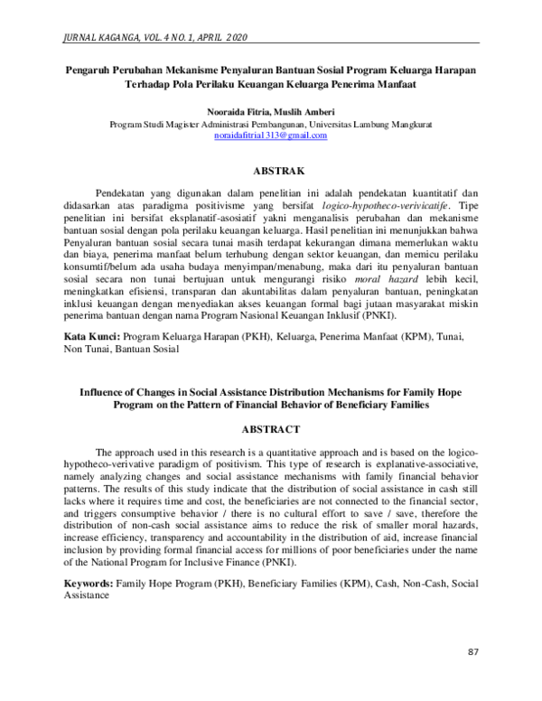 (PDF) Pengaruh Perubahan Mekanisme Penyaluran Bantuan Sosial Program Keluarga Harapan Terhadap ...