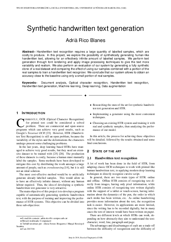 (PDF) Synthetic handwritten text generation | Adrià Rico Blanes ...