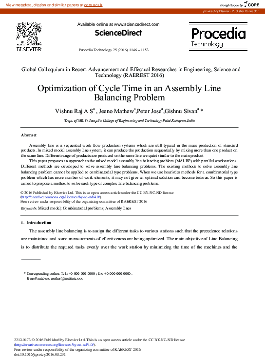 Pdf Optimization Of Cycle Time In An Assembly Line Balancing Problem