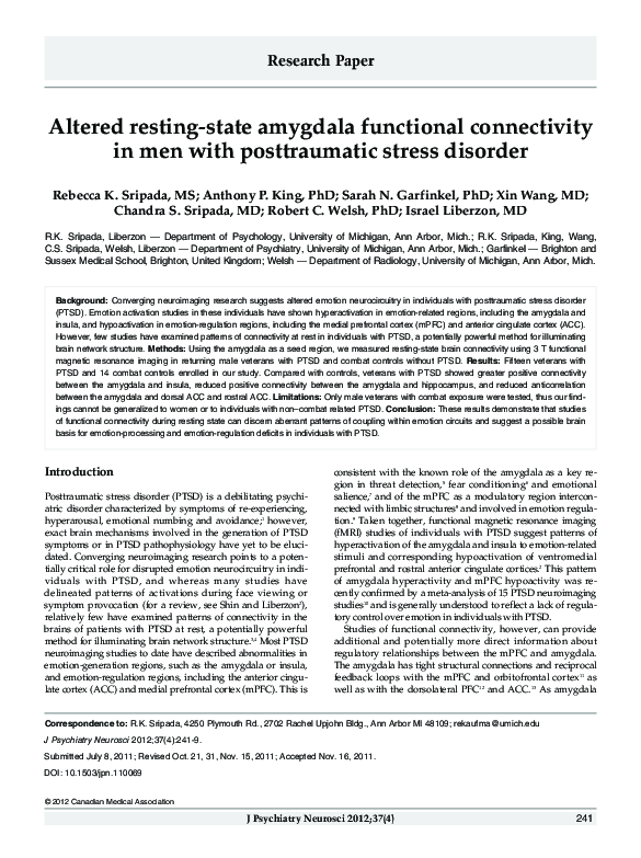 Pdf Altered Resting State Amygdala Functional Connectivity In Men
