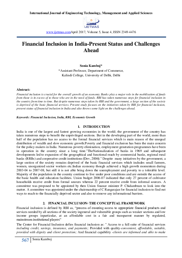 (PDF) Financial Inclusion in India-Present Status and Challenges Ahead