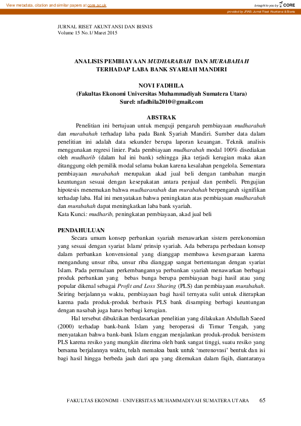 (PDF) Analisis Pembiayaan Mudharabah Dan Murabahah Terhadap Laba Bank Syariah Mandiri