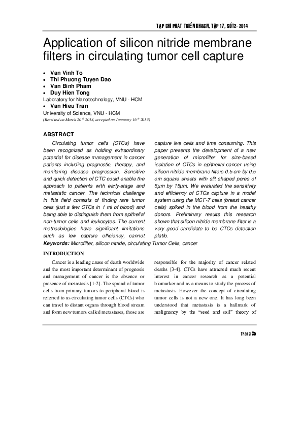 (PDF) Application of silicon nitride membrane filters in circulating ...