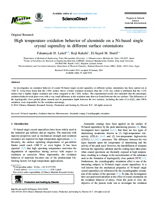(PDF) High temperature oxidation behavior of aluminide on a Ni-based single crystal superalloy ...