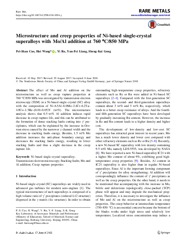 (PDF) Microstructure and creep properties of Ni-based single-crystal superalloys with Mo/Al ...