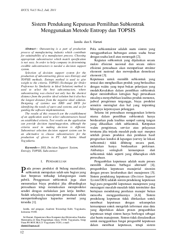 (PDF) Sistem Pendukung Keputusan Pemilihan Subkontrak Menggunakan Metode Entropy dan TOPSIS