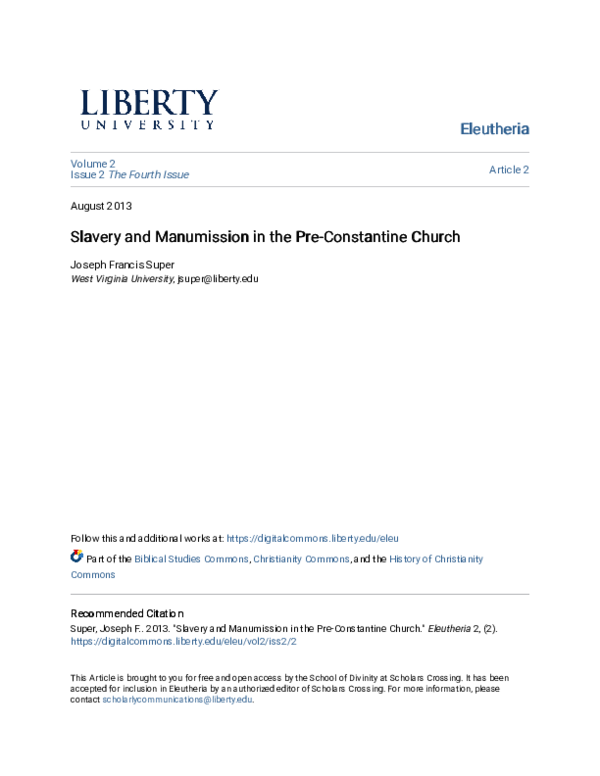 (PDF) Slavery and Manumission in the Pre-Constantine Church