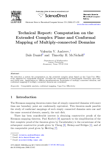 Pdf Technical Report Computation On The Extended Complex Plane And Conformal Mapping Of