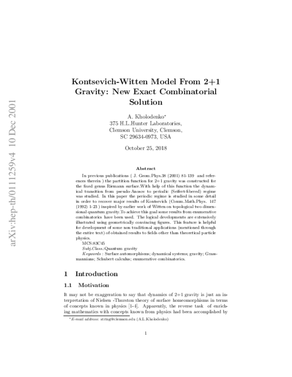 Pdf Kontsevich Witten Model From 2 1 Gravity New Exact Combinatorial