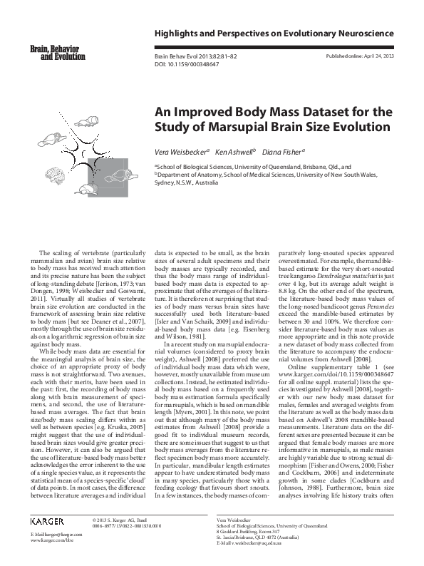 (PDF) An Improved Body Mass Dataset for the Study of Marsupial Brain ...