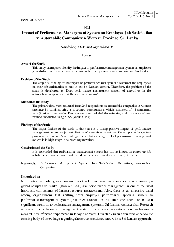 Pdf Impact Of Performance Management System On Employee Job Satisfaction In Automobile