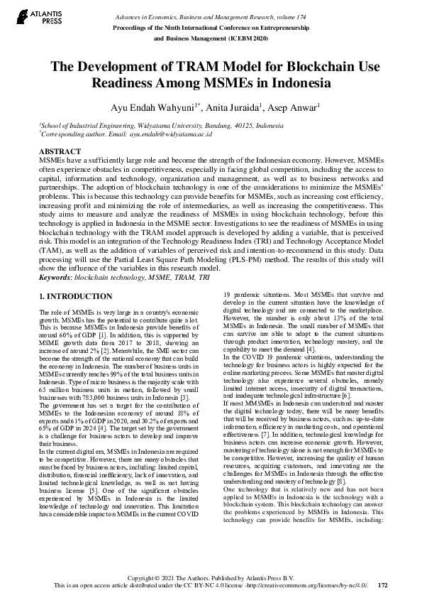 (PDF) The Development of TRAM Model for Blockchain Use Readiness Among MSMEs in Indonesia | Asep ...