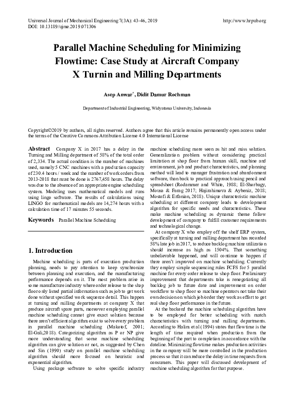 (PDF) Parallel Machine Scheduling for Minimizing Flowtime: Case Study ...
